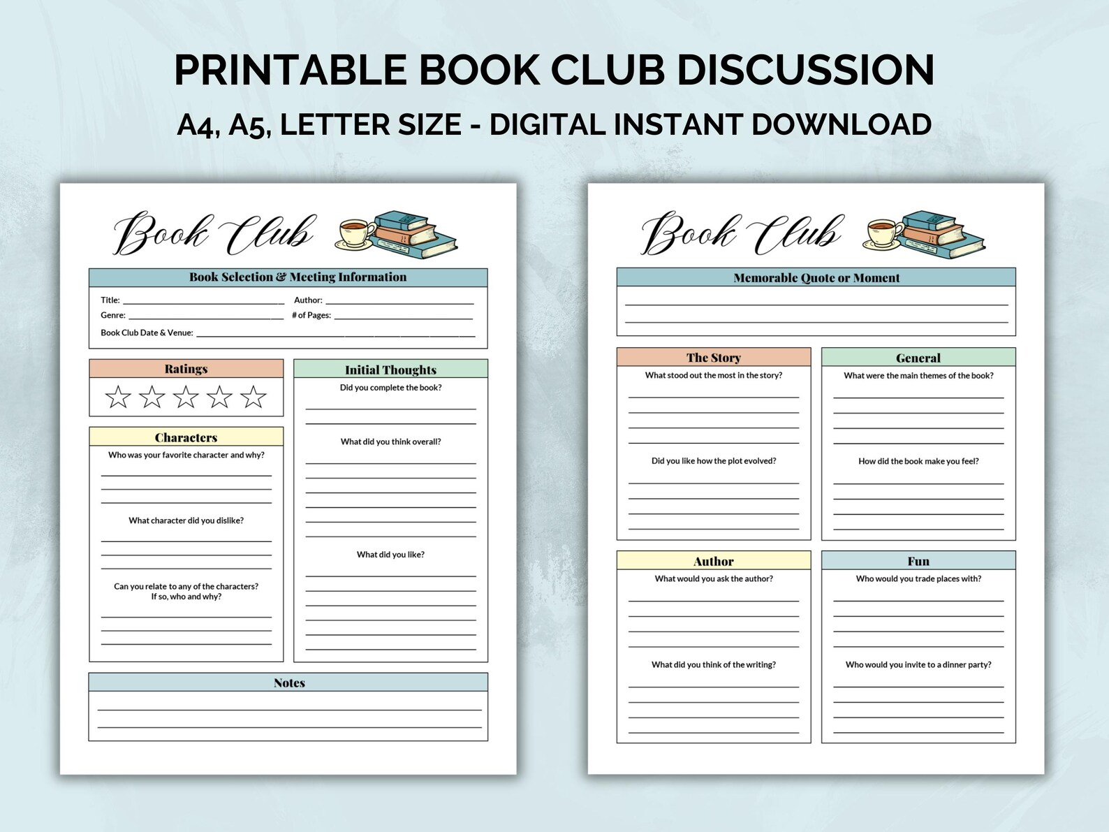 Printable Book Club Discussion, Book Review, Book Club Printables ...