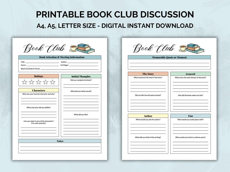 Printable Book Club Discussion, Book Review, Book Club Printables ...