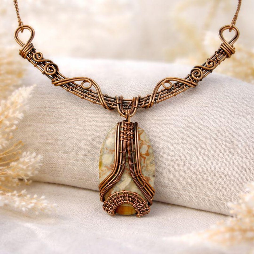 18" Gaia Earth Mother Bird’s Eye Rhyolite Copper Wire Wrapped Pendant ...