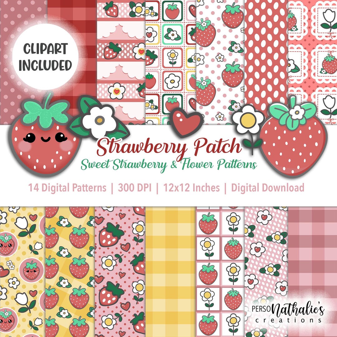Cute Strawberry Scrapbook Paper, Strawberry Patch, Kawaii Strawberries ...