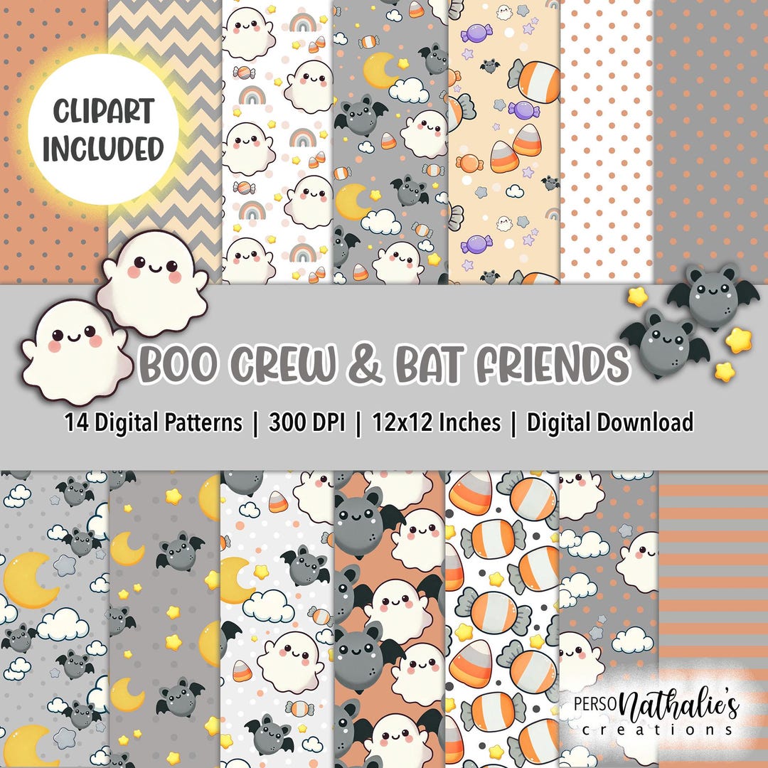 Cute Halloween Scrapbook Paper, Boo Crew & Bat Friends, 14 Digital ...