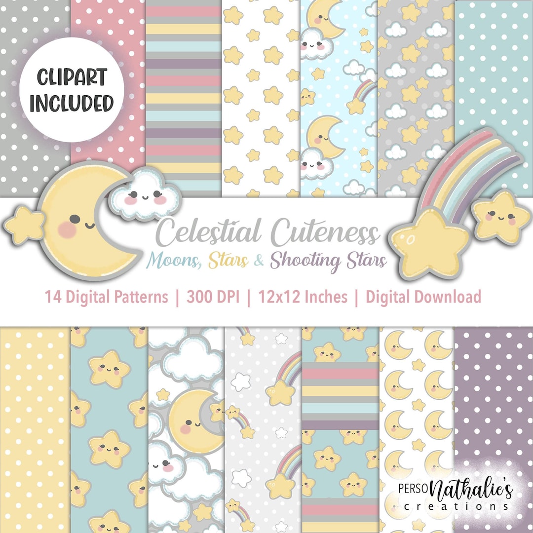 Moon & Stars Scrapbook Paper, Celestial Cuteness, Clouds, Shooting ...