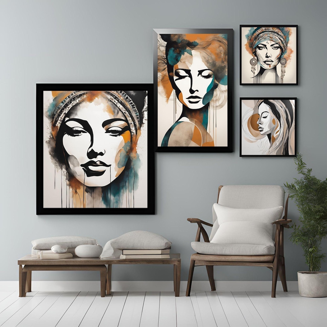 Set of 4 Printable Smiling Lady Wall Art, Female Portrait Collection ...