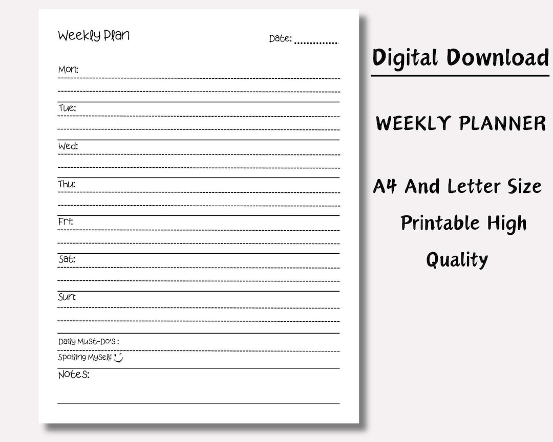 Undated Weekly Planner Printable: Minimalist Lined Template (digital ...