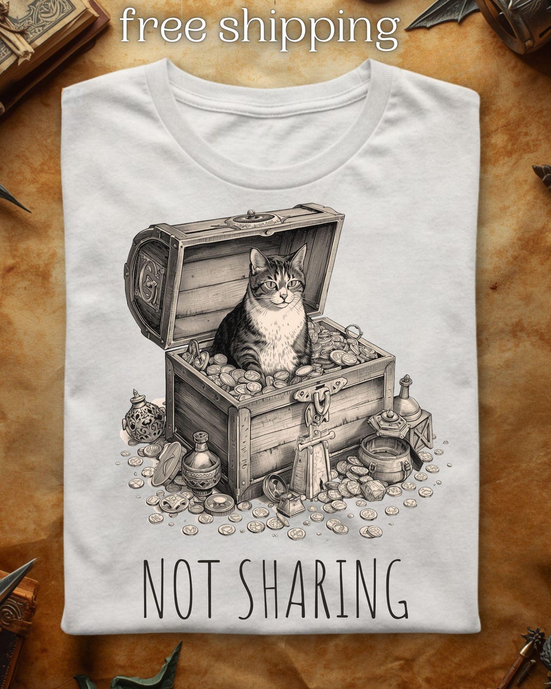 DND Cat Treasure Chest Shirt, Fantasy RPG Cat Lover Tee, Dungeon Master ...