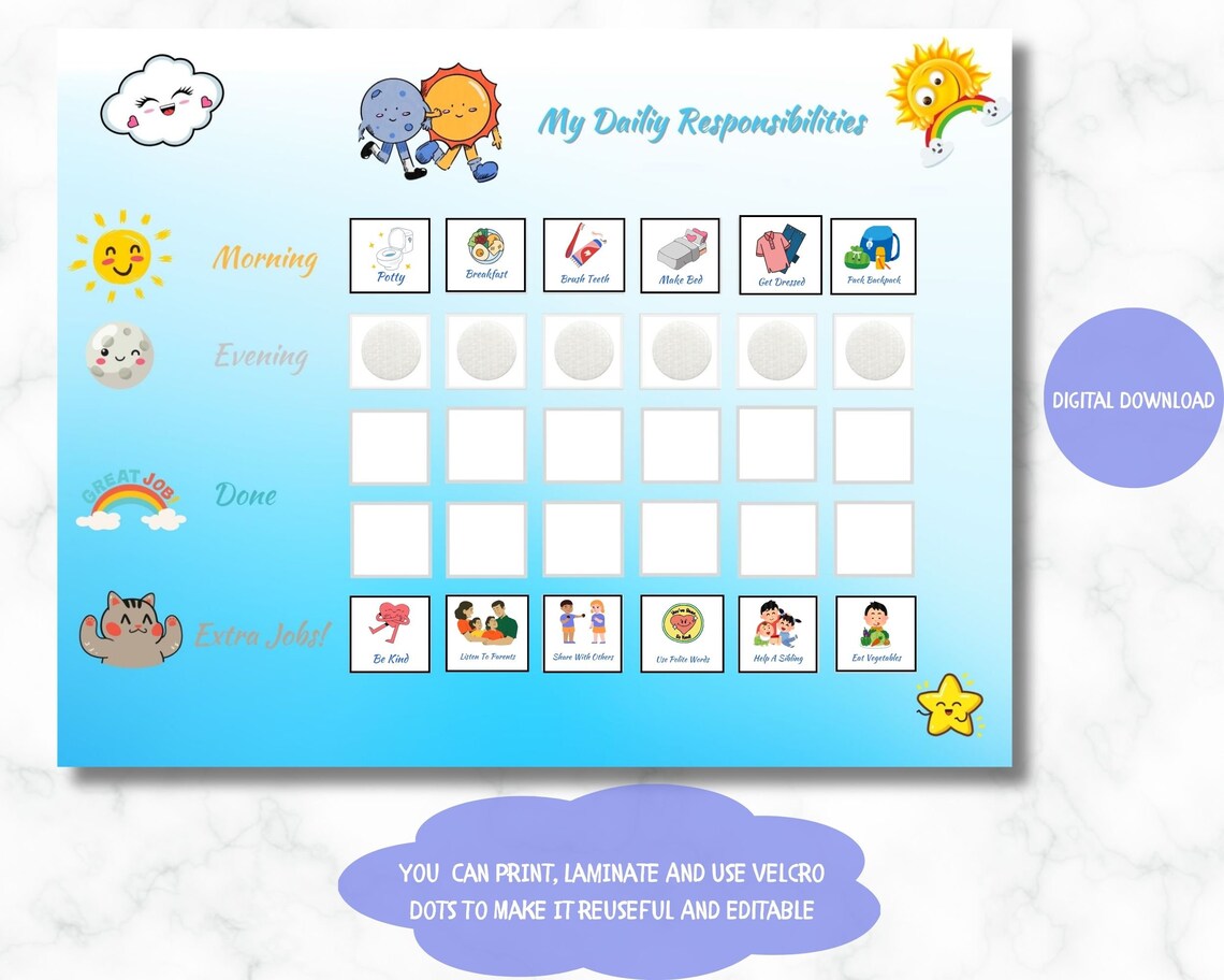 Kids Chore Chart With Pictures Printable Editable, Kids Daily ...