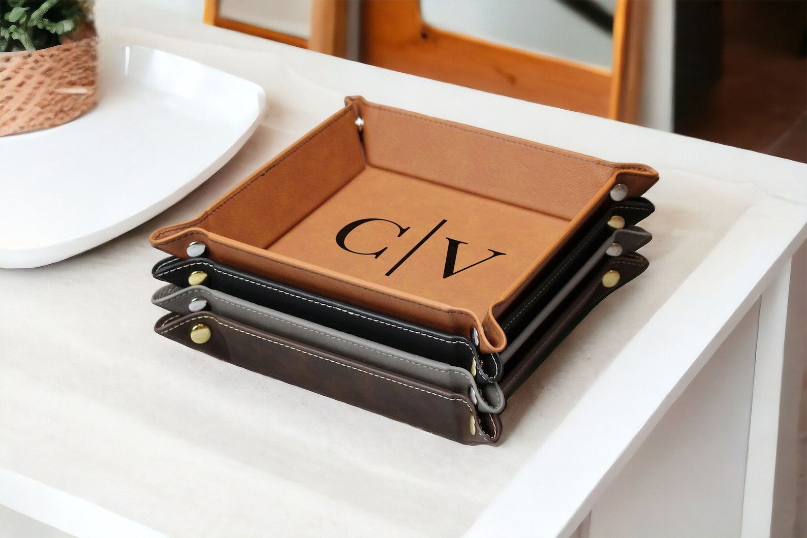 Personalized Monogram Valet Tray, Engraved Leatherette Tray, Office ...