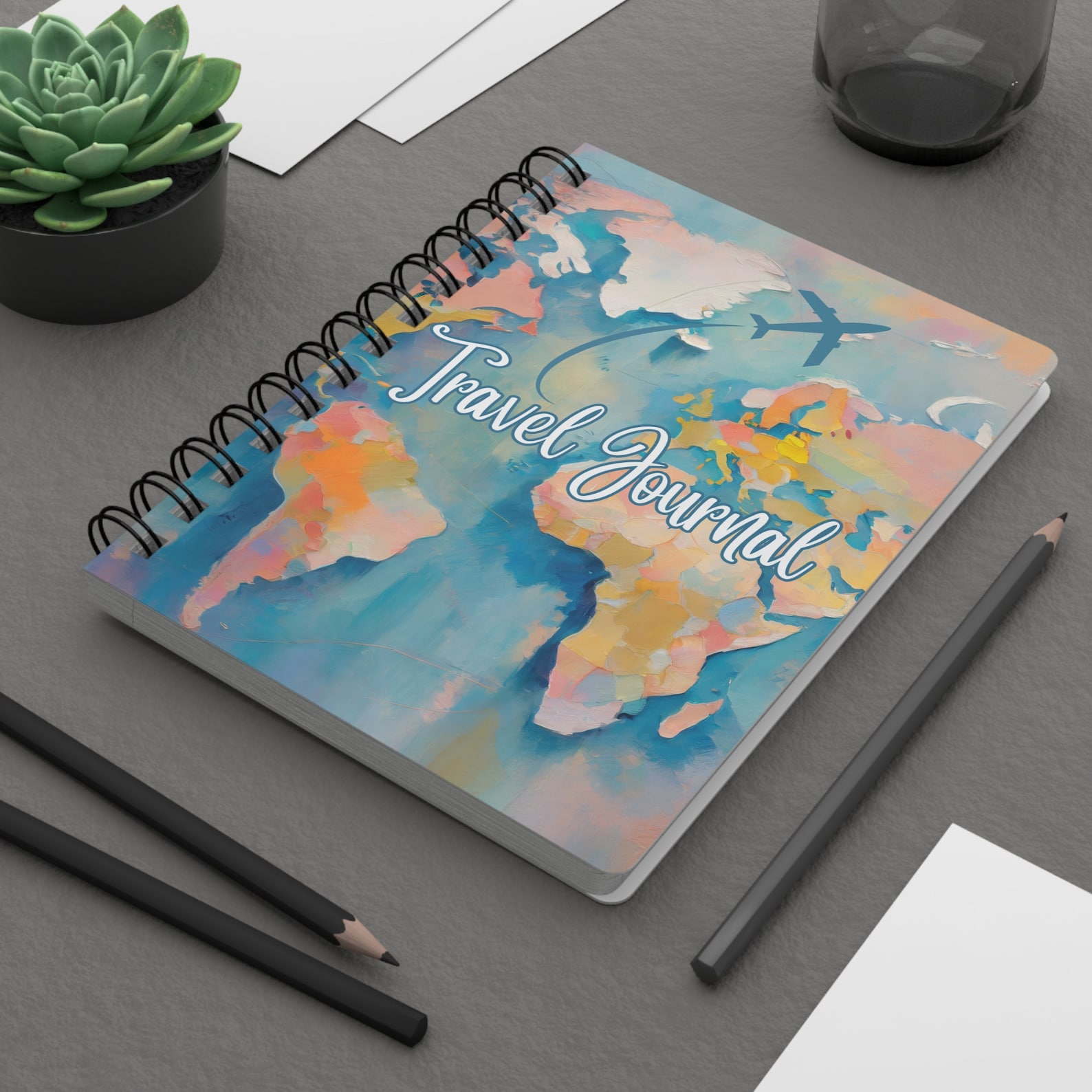 Spiral Bound Travel Journal - World Map - World Travel Plane Trip Gift ...