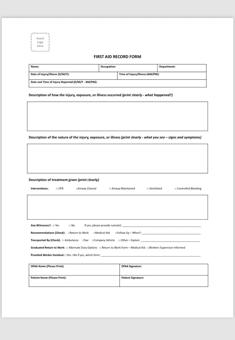 FIRST AID RECORD Form - Etsy