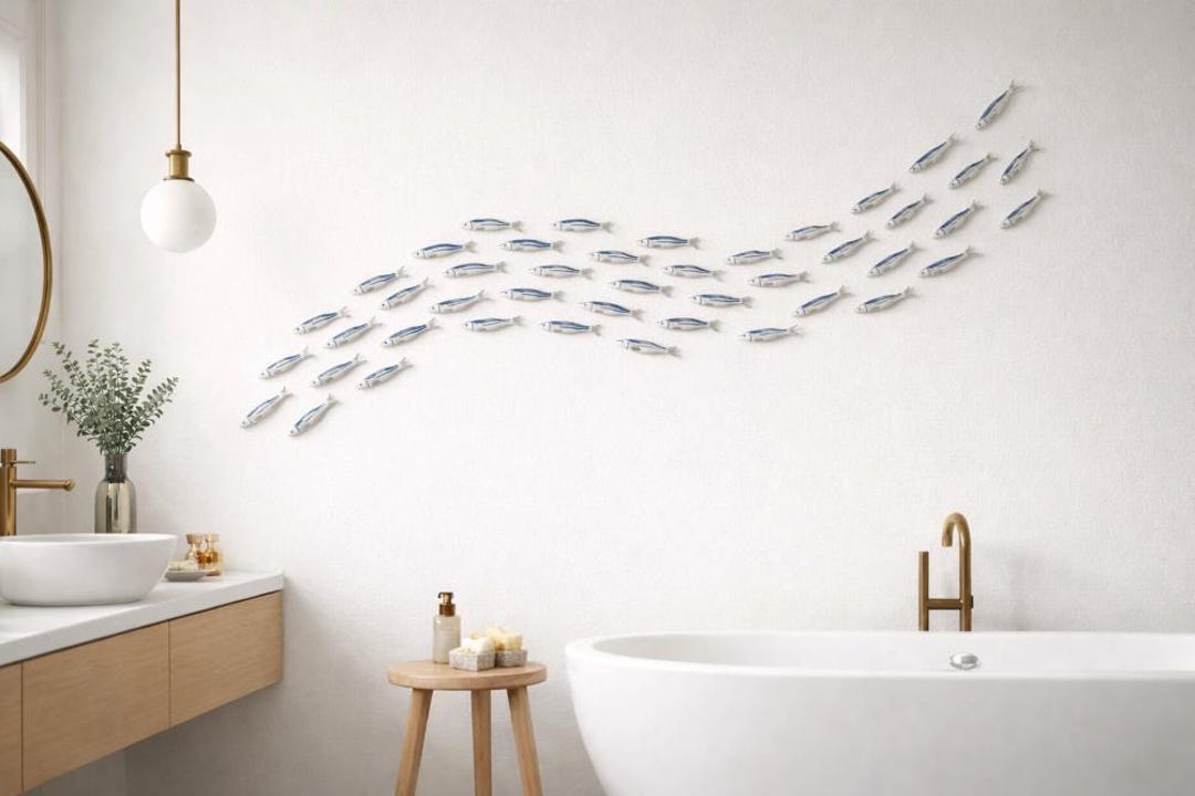 Clay Sardines Wall Art Coastal Fish Sculpture: Blue Silver Foil, Set of ...