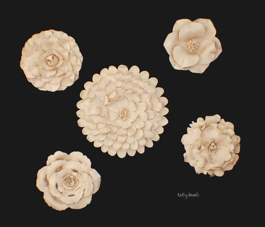 Clay Flower Wall Sculptures 3D Flowers Gallery Wall Set of 5 Cream ...