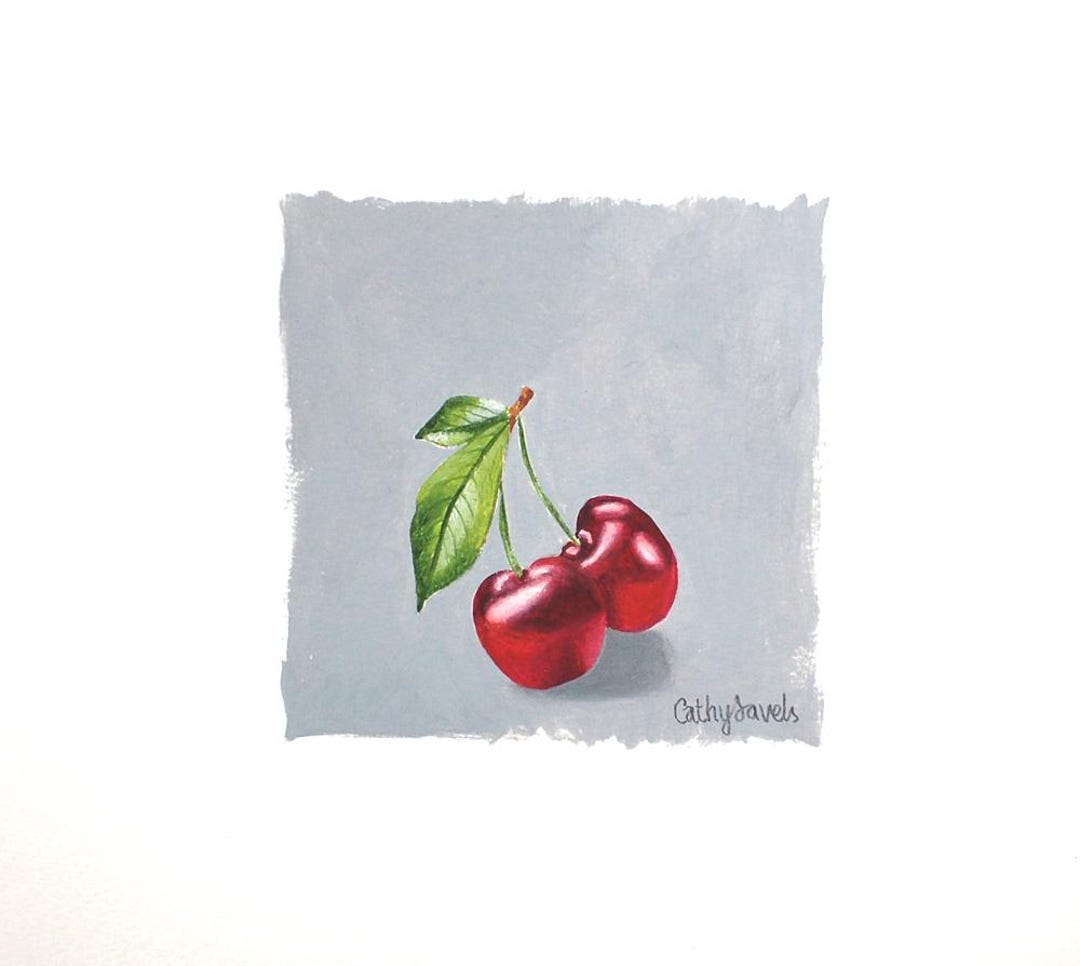 Cherry Still Life Oil Painting on Paper: Small Botanical Kitchen Art ...