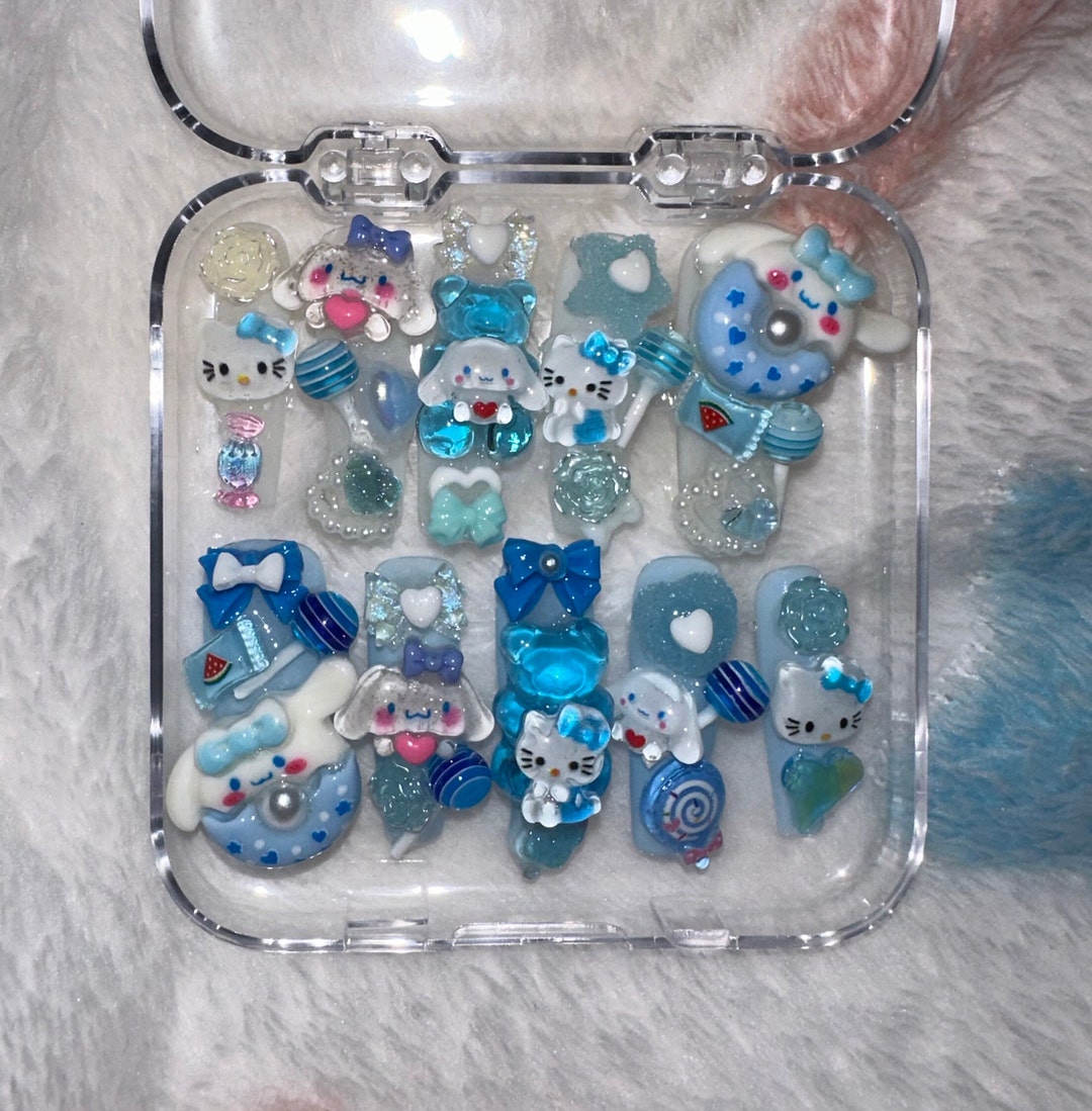 Blue Gyaru Junk Nails/kawaii Candy Nails/hime Gyaru Nails/jelly Nails ...