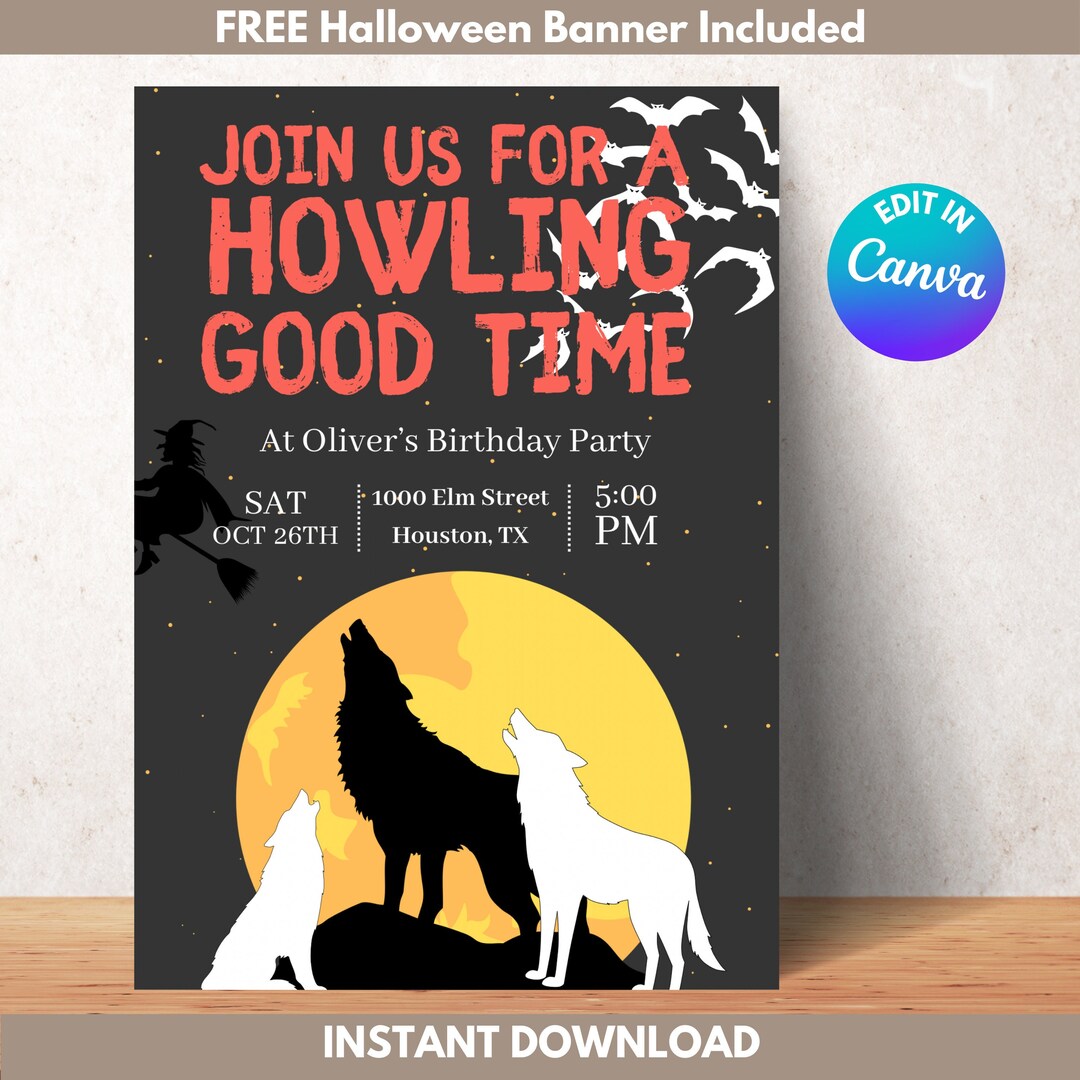 Howling Wolf Halloween Party Invitation Digital Instant Download, Full ...