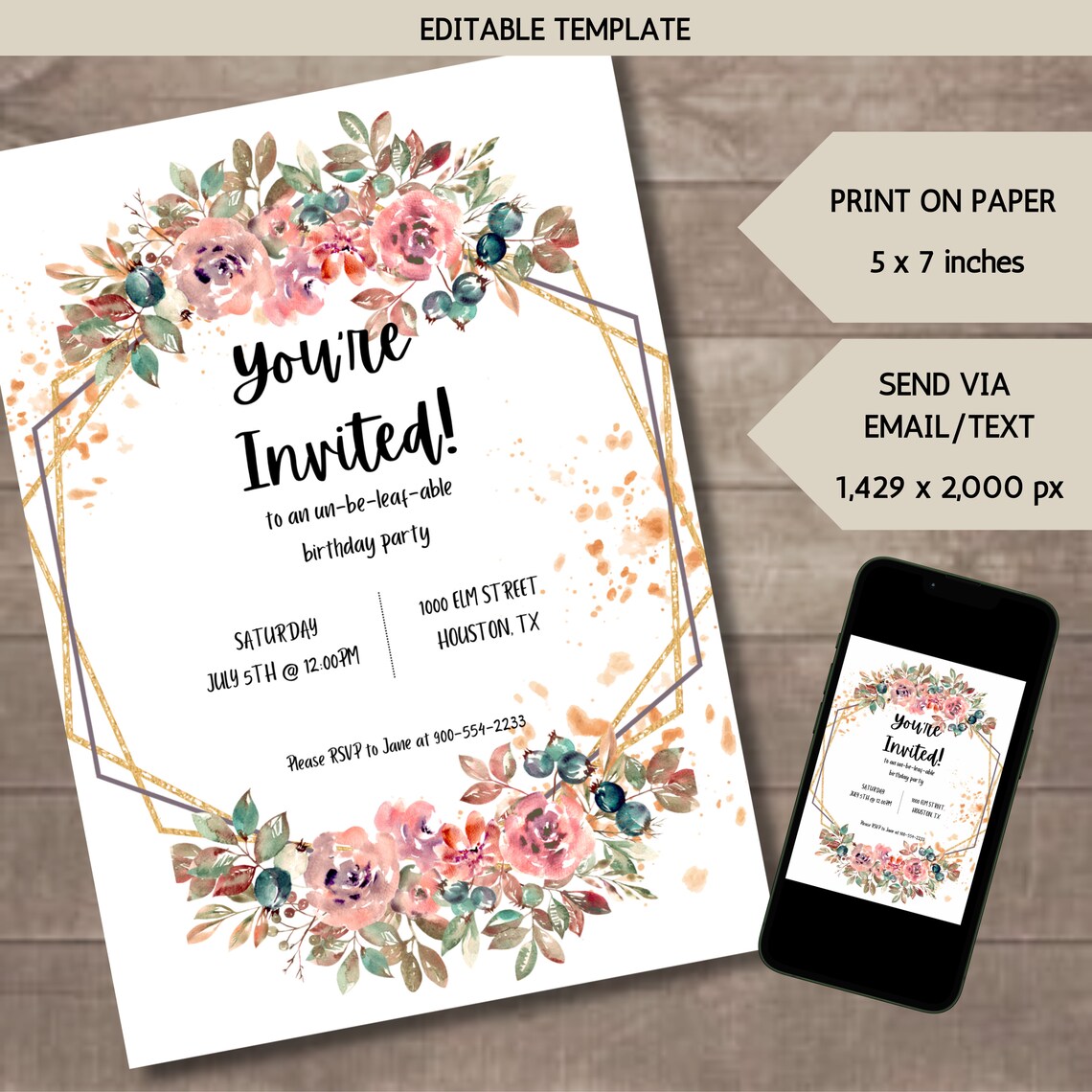 Editable Floral Birthday Party Printable Invitation, Girls Flower ...