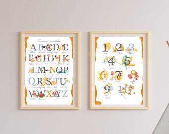 ABC and Numbers Poster, Alphabet, Playroom Decor, Nursery Wall Art, Sky ...