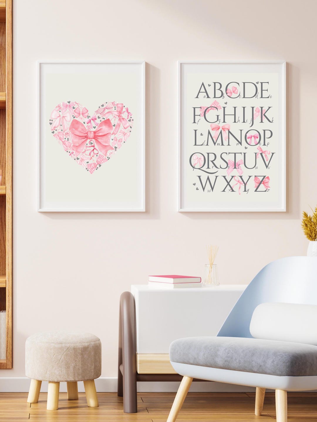 Pink Bow Wall Art, Pink Ribbon Art, Alphabet and Number Poster, Nursery ...