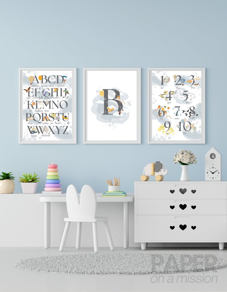 ABC and Numbers Poster, Alphabet, Playroom Decor, Nursery Wall Art, Sky ...