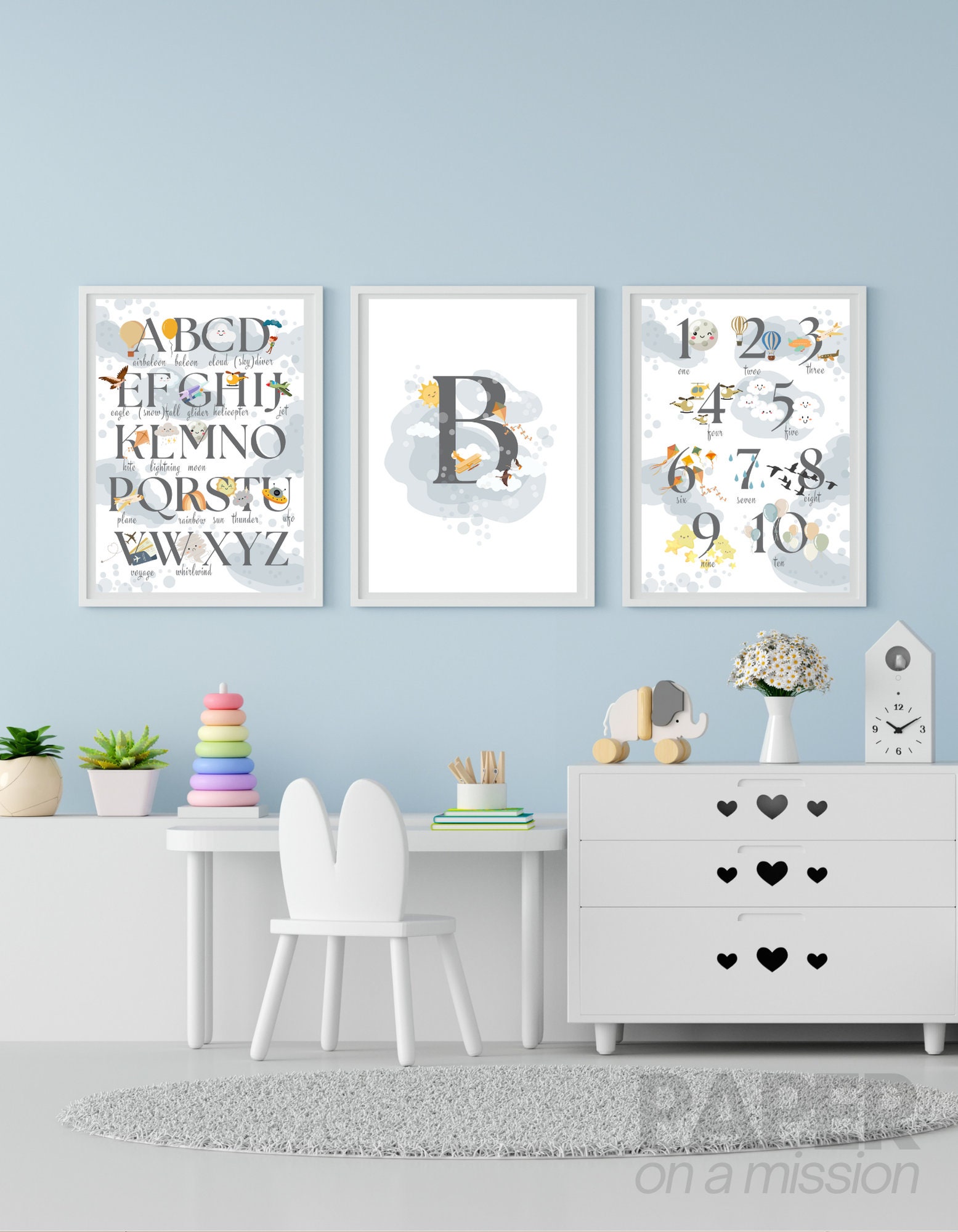 ABC and Numbers Poster, Alphabet, Playroom Decor, Nursery Wall Art, Sky ...