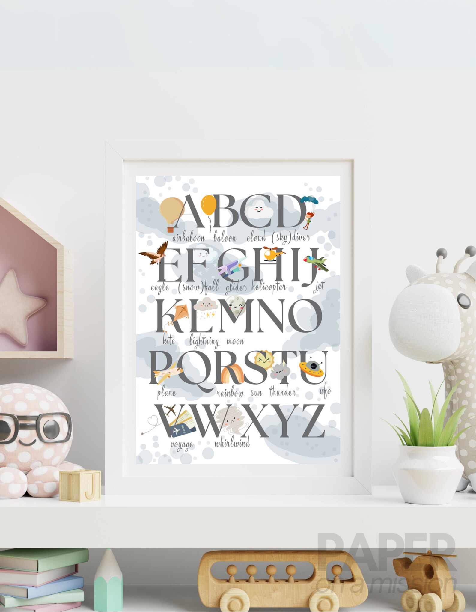 ABC and Numbers Poster, Alphabet, Playroom Decor, Nursery Wall Art, Sky ...