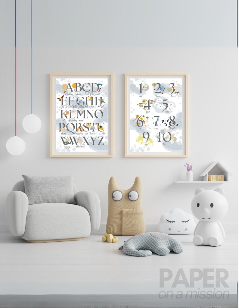 ABC and Numbers Poster, Alphabet, Playroom Decor, Nursery Wall Art, Sky ...