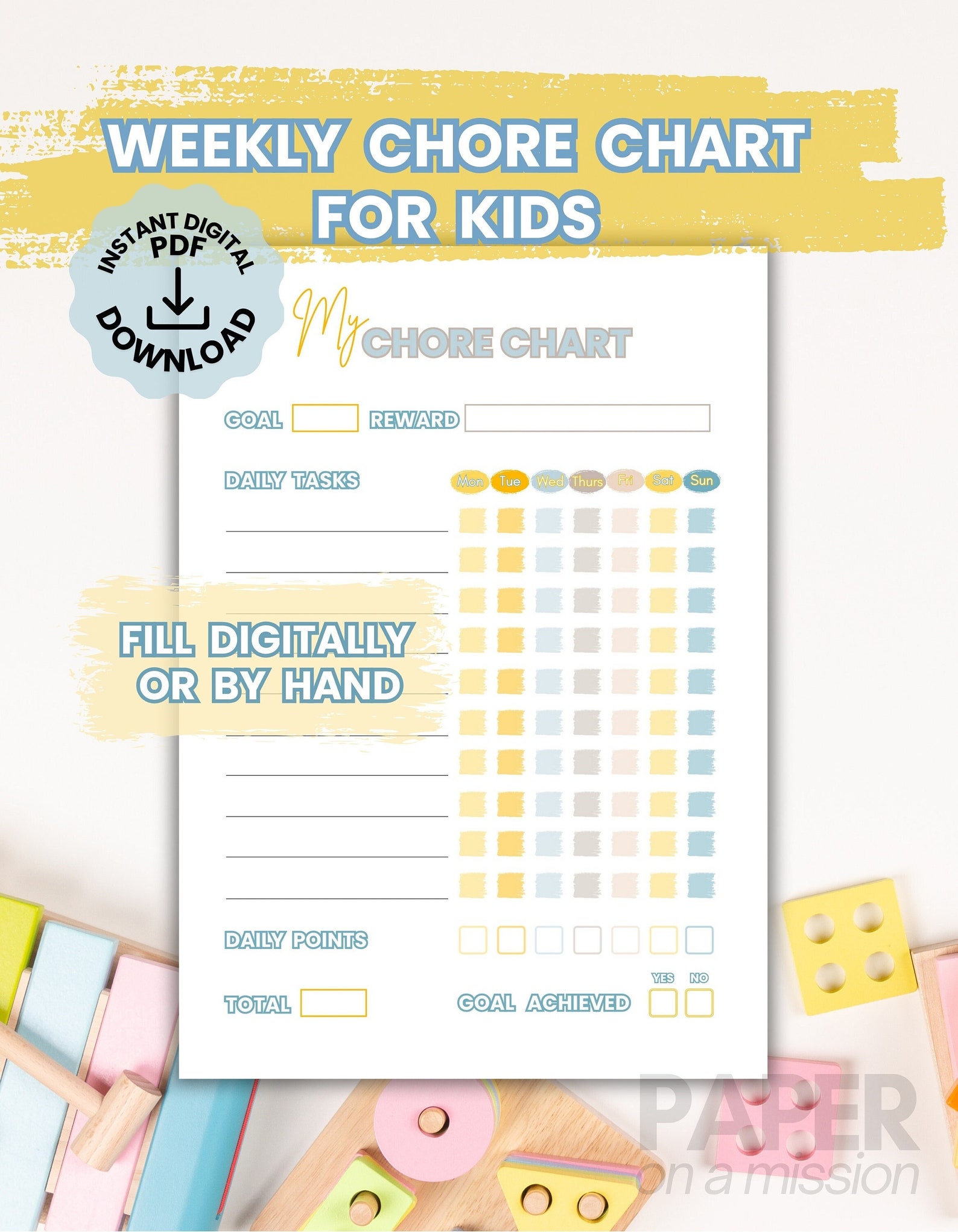 Chore Chart for Kids. Children's Editable Printable PDF Reward Chart ...