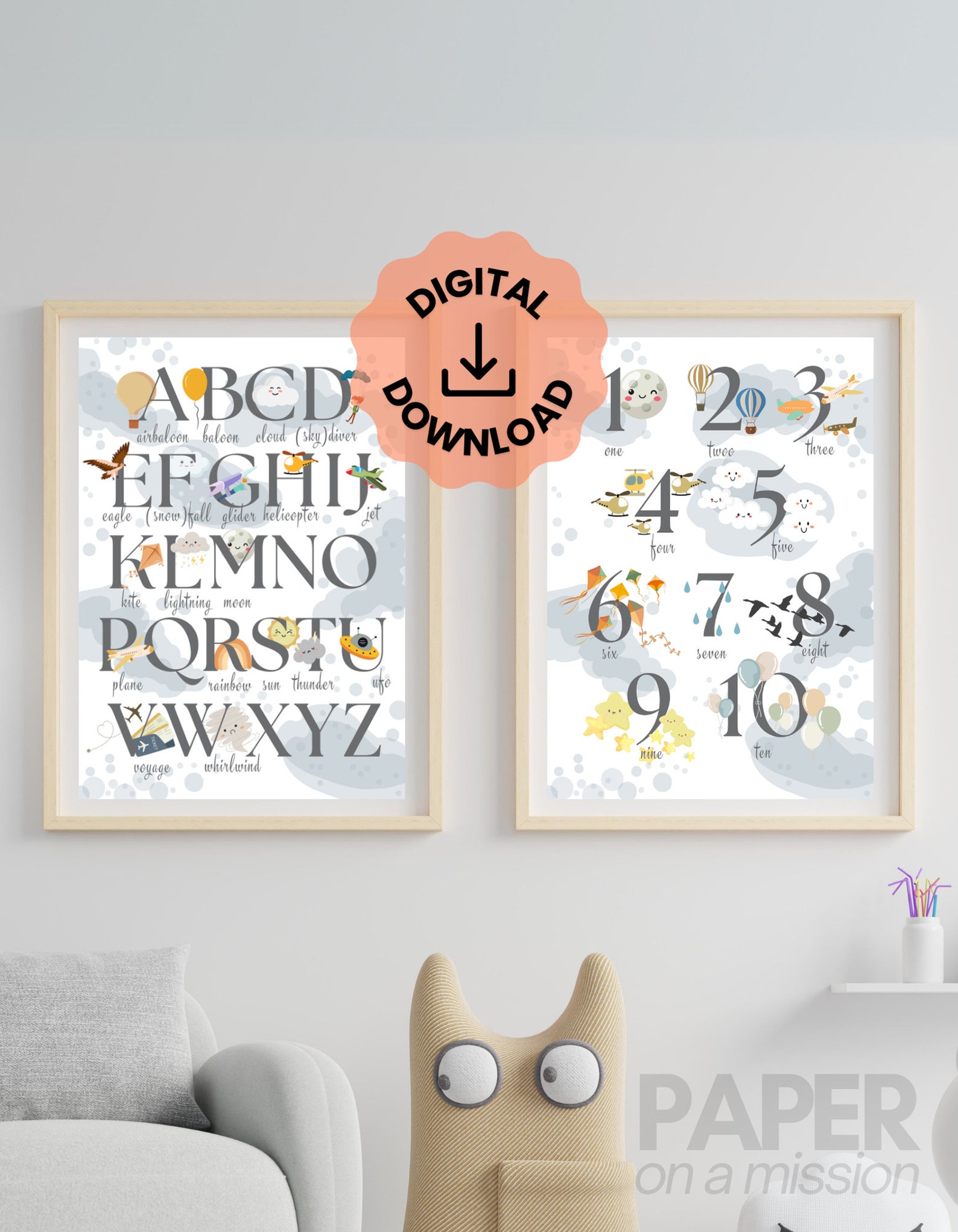 ABC and Numbers Poster, Alphabet, Playroom Decor, Nursery Wall Art, Sky ...