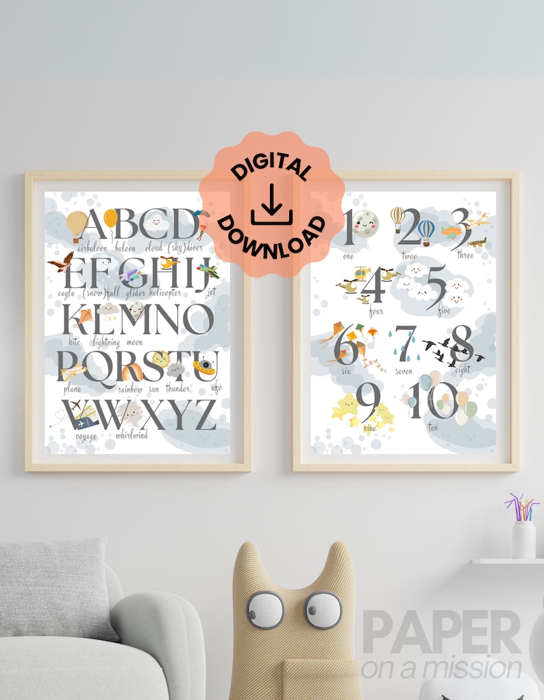 ABC and Numbers Poster, Alphabet, Playroom Decor, Nursery Wall Art, Sky ...
