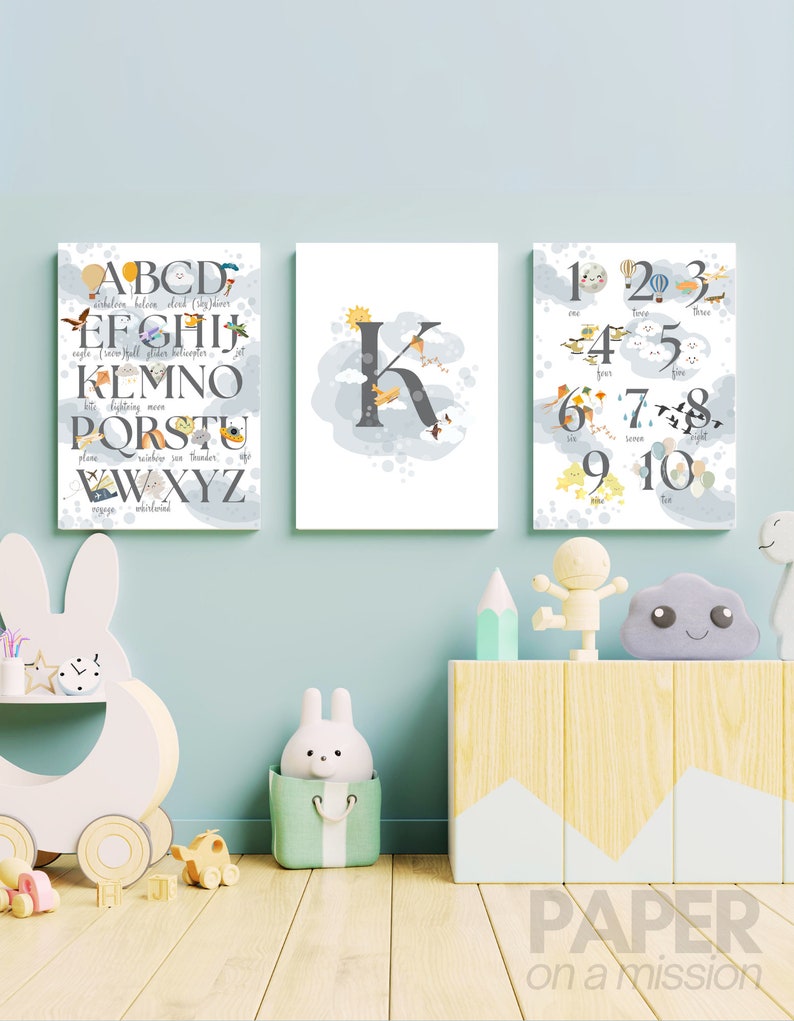 ABC and Numbers Poster, Alphabet, Playroom Decor, Nursery Wall Art, Sky ...