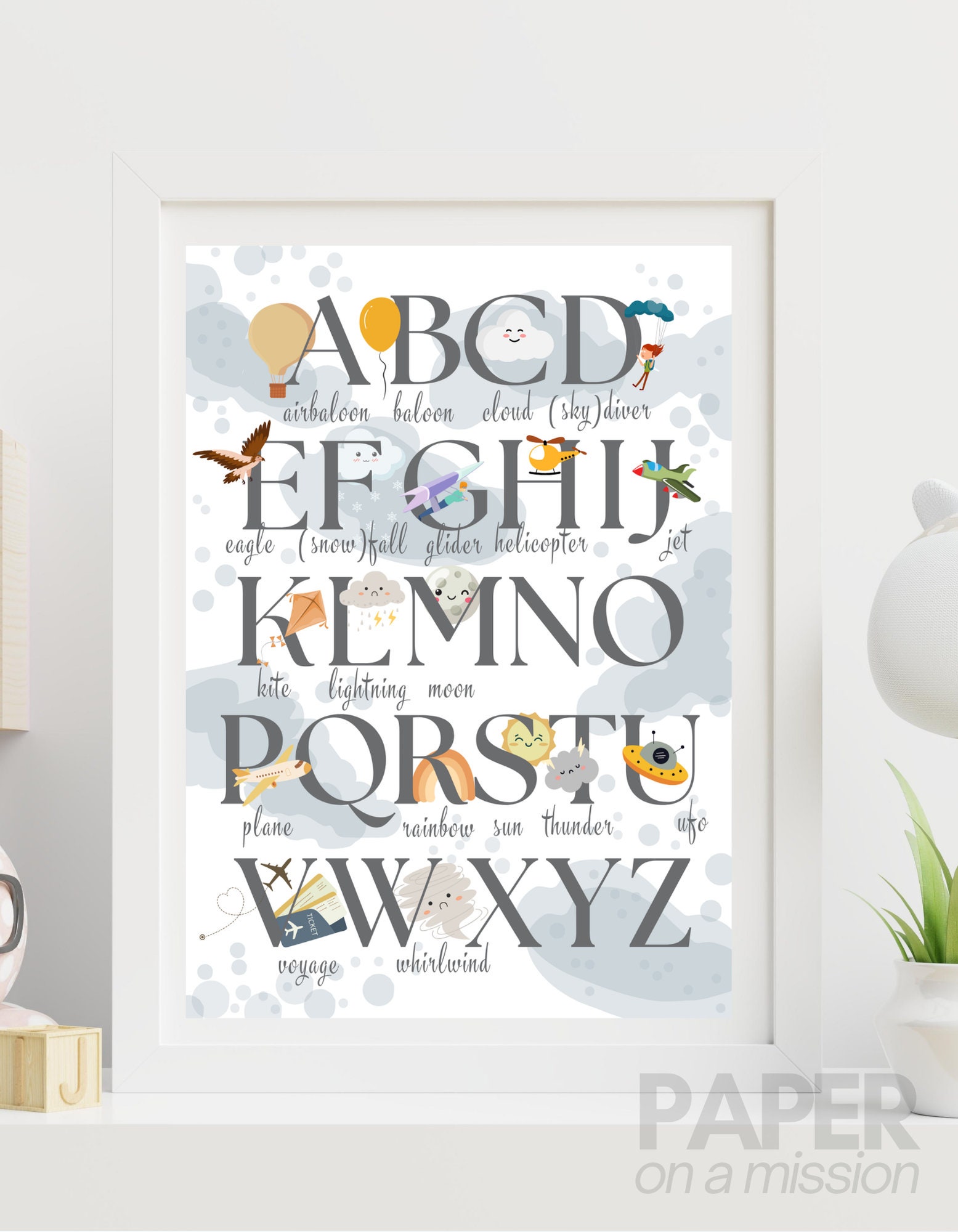 ABC and Numbers Poster, Alphabet, Playroom Decor, Nursery Wall Art, Sky ...