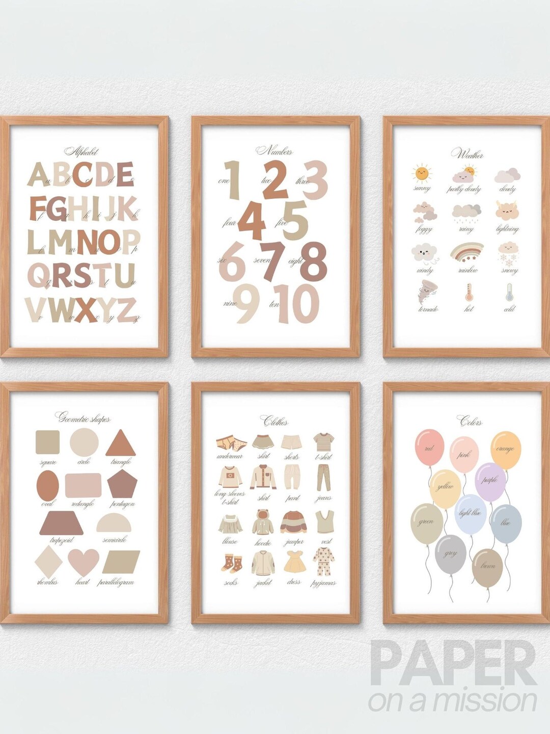 Educational Digital Posters for Kids. Neutral Color Print Set ...