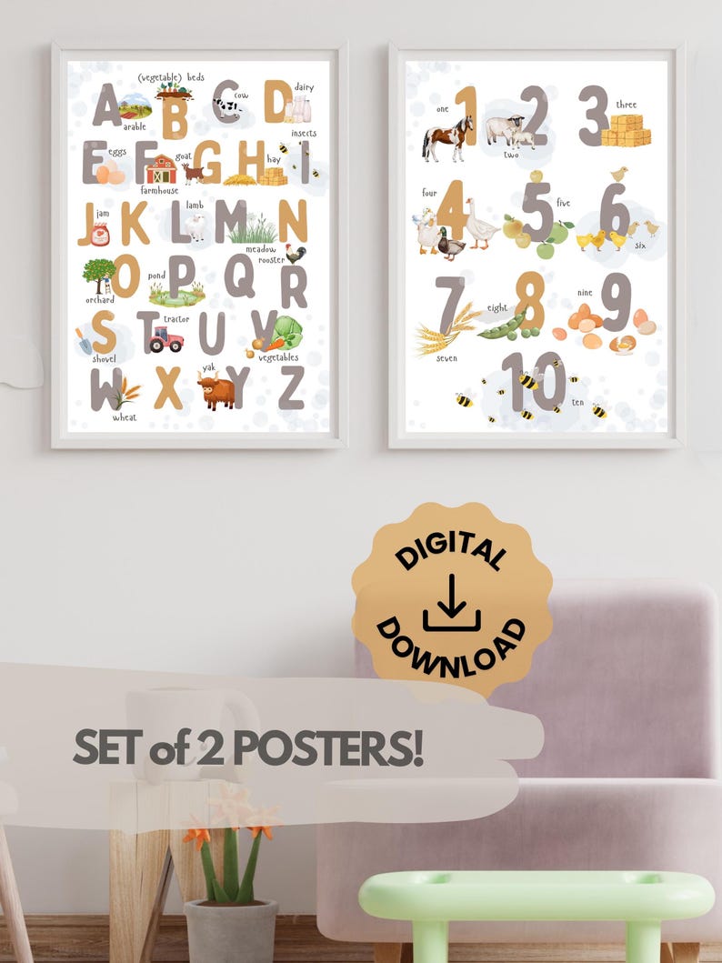 Educational Posters in Farm Theme. Alphabet and Numbers Printable ...