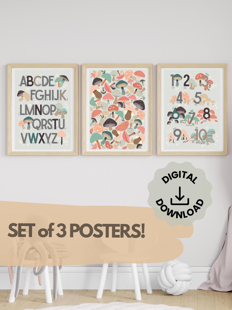 Educational Mushroom Motifs Poster Set for Kids. Digital Download ABC ...