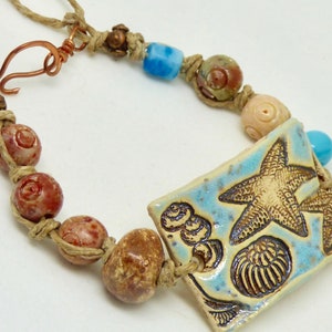 Sea Shell Beach Bracelet, Boho Blue Ceramic Cuff, Casual Ocean Art ...