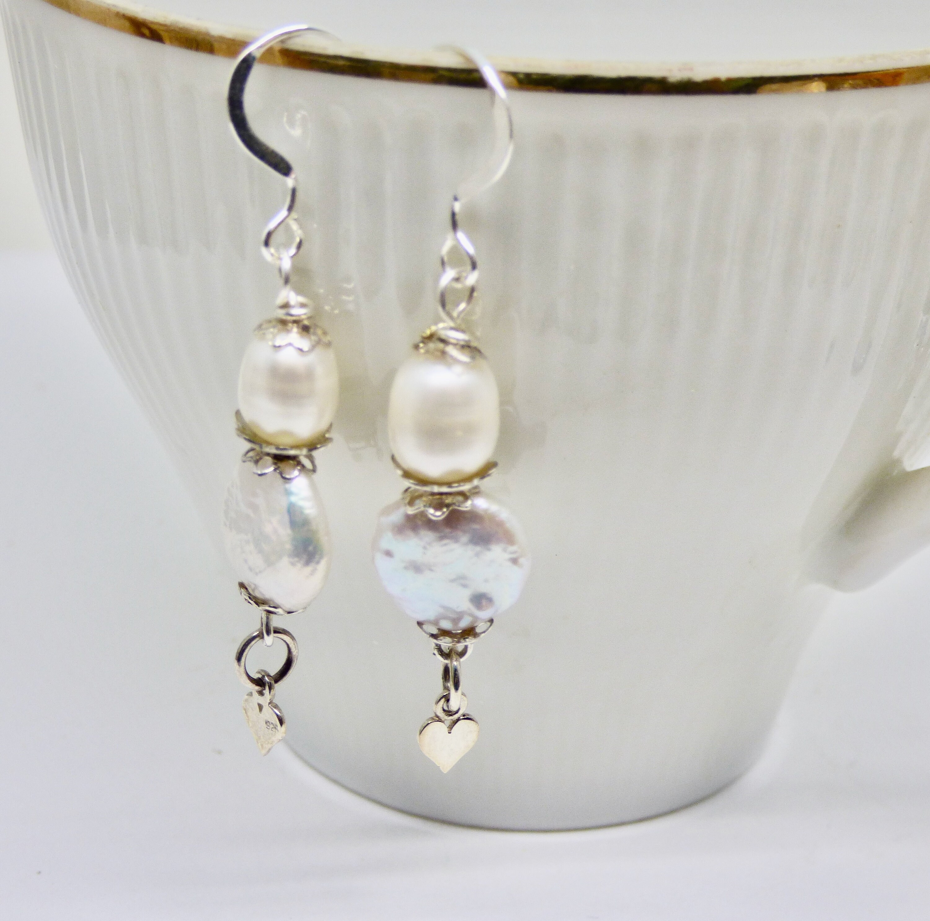 Freshwater Coin and Potato Pearls With Tiny Sterling Silver Hearts ...