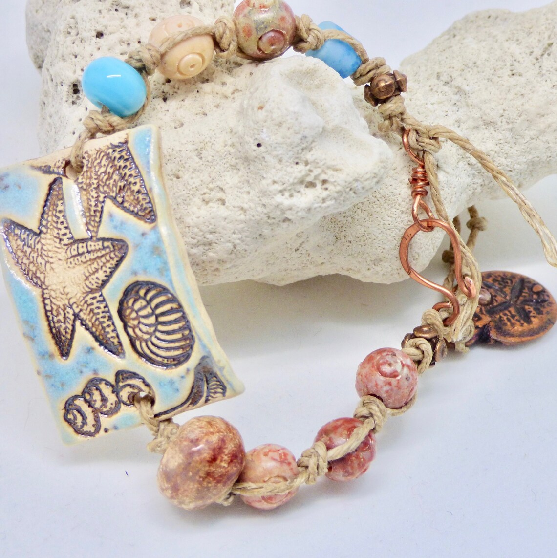Sea Shell Beach Bracelet Boho Blue Ceramic Cuff Casual Ocean - Etsy