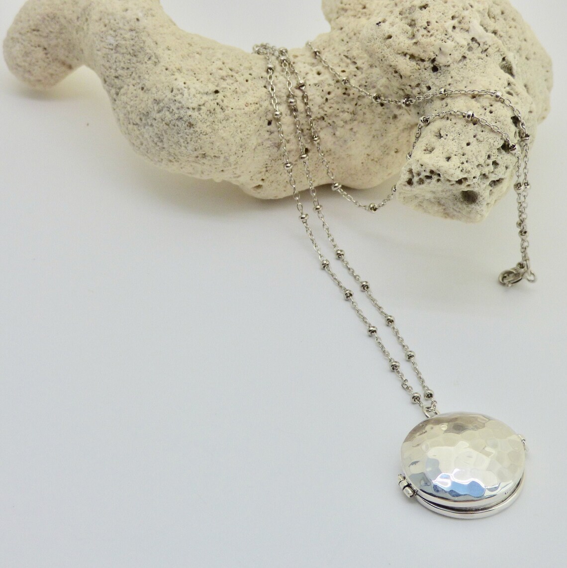 Round Sterling Locket With Hammer Finish on Unique Chain. | Etsy