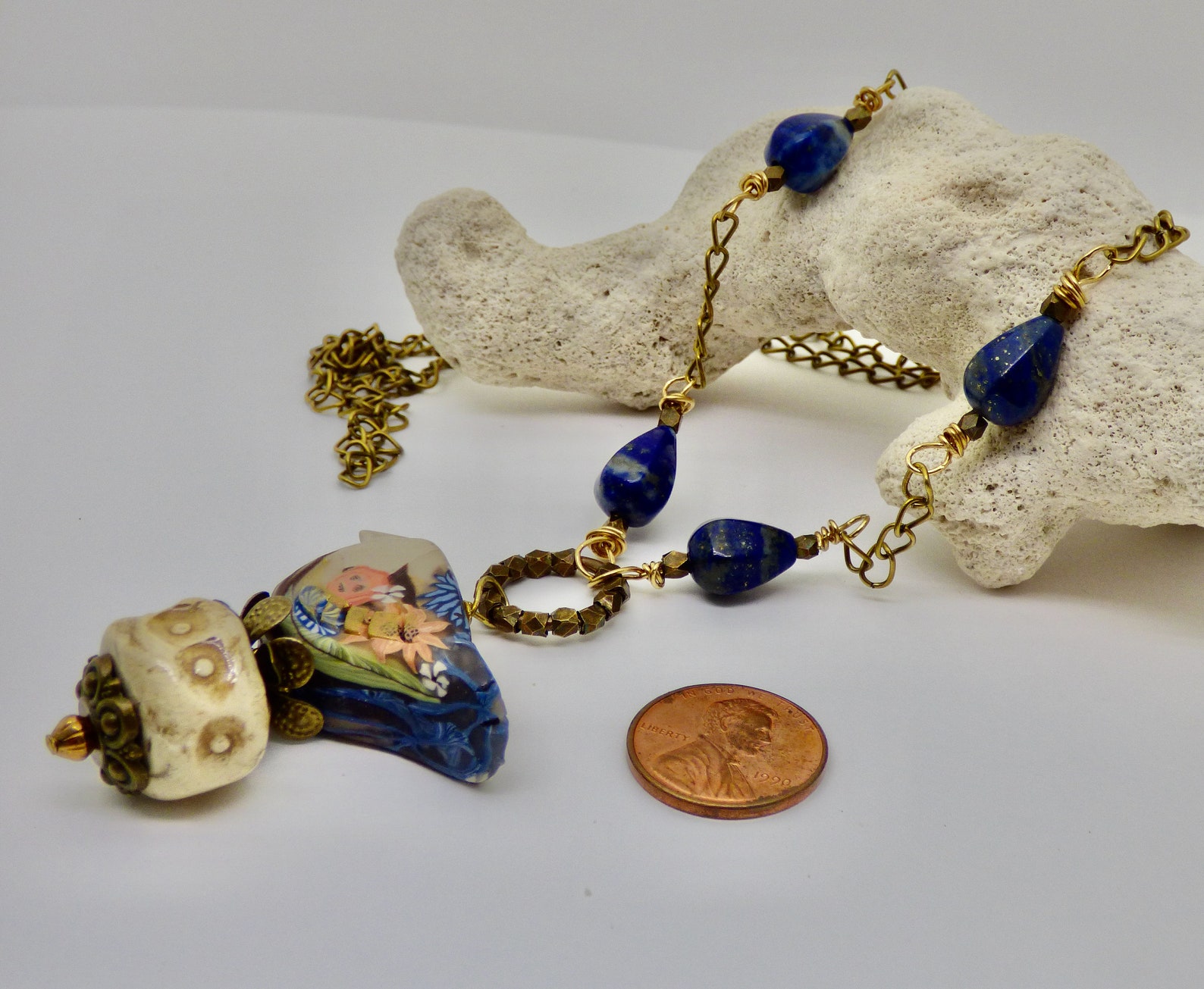 Boho Bird Pendant on Long Chain Floral Art Jewelry Blue - Etsy