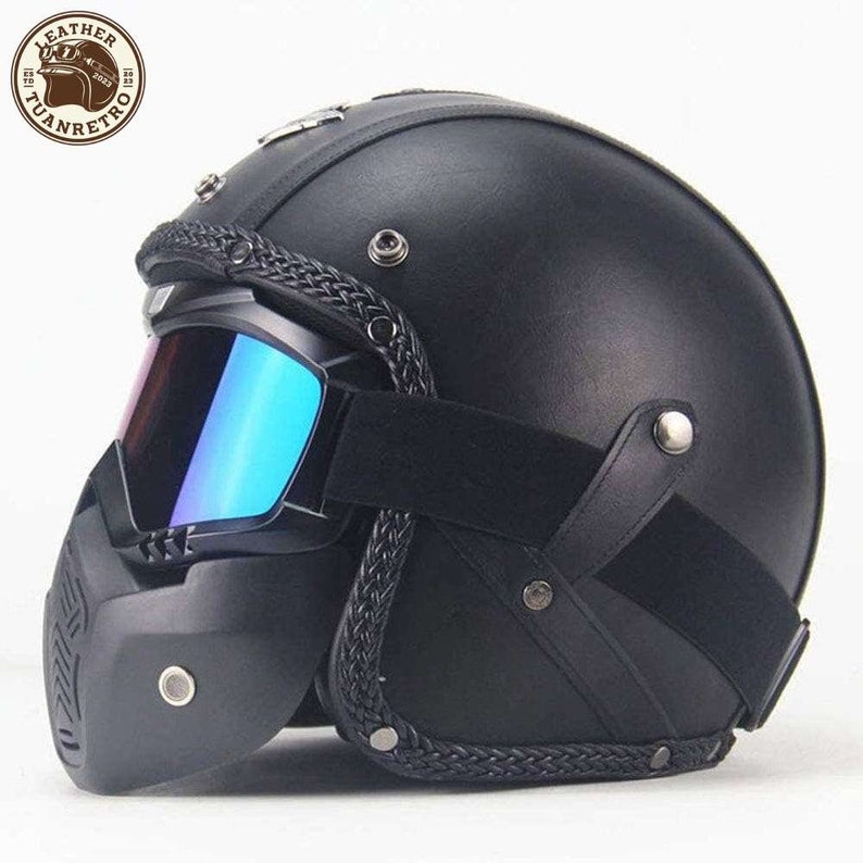 Black Leather Half Helmet, Adult Retro 3/4 Open Face Motorcycle Helmets ...