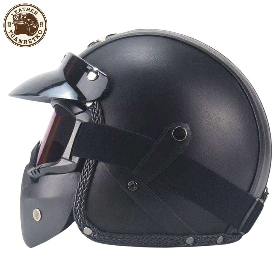Black Leather Half Helmet, Adult Retro 3/4 Open Face Motorcycle Helmets ...
