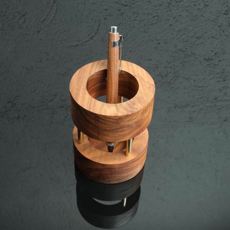 Walnut & Brass Single Pen Holder - Minimalist Wood Pen Stand for Desk ...