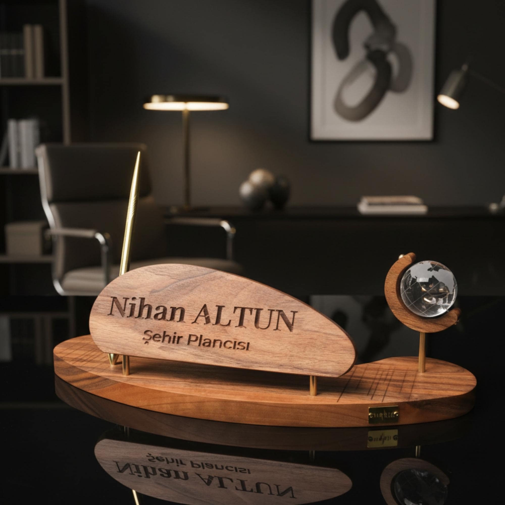 Luxury Walnut Desk Name Plate With Crystal Globe – Personalized ...