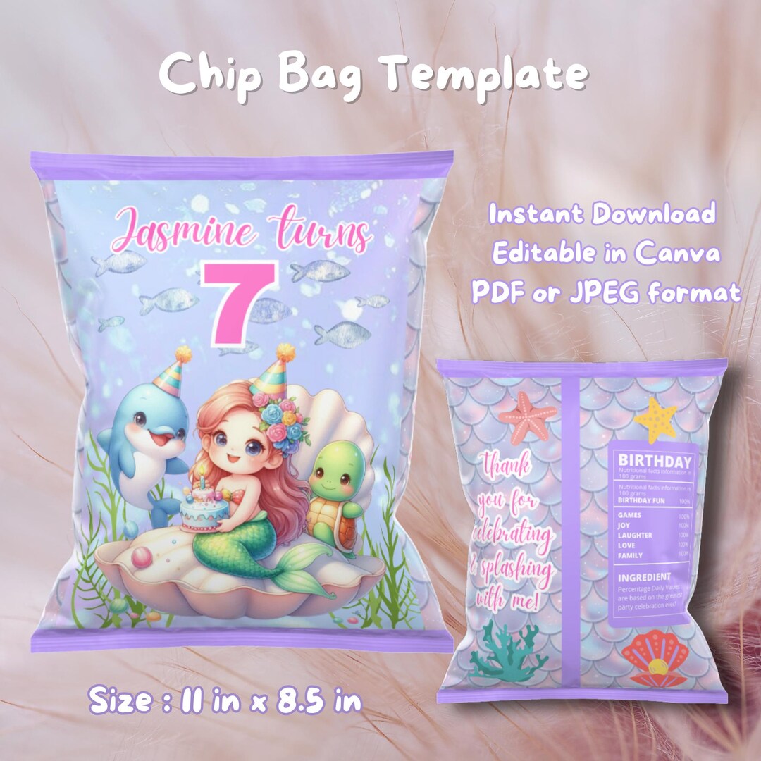 EDITABLE Mermaid Chip Bags Chip Bag Template Party Favors Snack ...