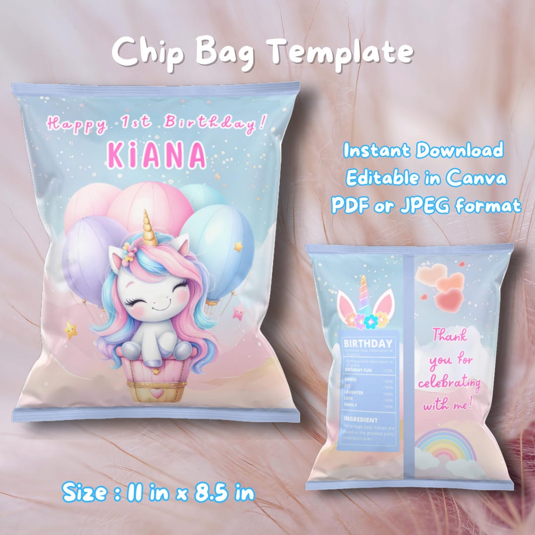 EDITABLE Blue Unicorn Chip Bag Template Party Favors Snack Packaging ...