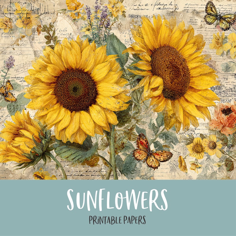 Sunflowers Printable Digital Background and Journal Papers Junk Journal ...