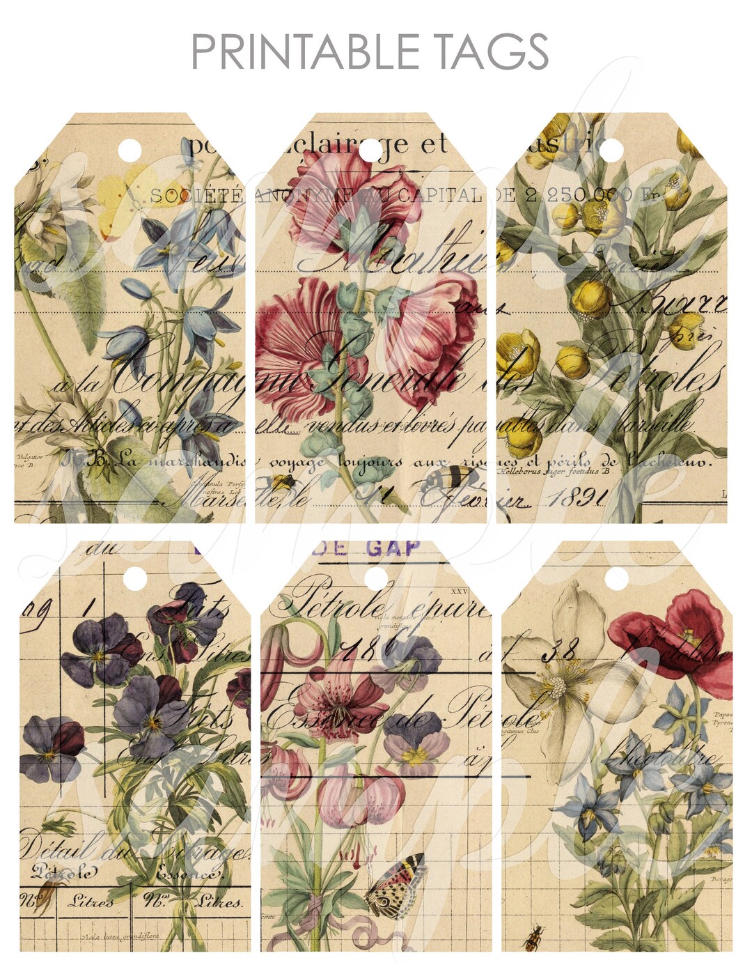 Floral 3 Mixed Media Journaling Tags Collage Sheet for Junk Journals - Etsy