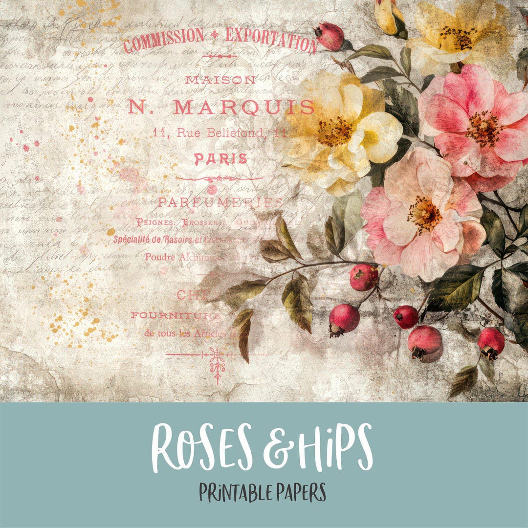 Roses and Hips Printable Digital Background and Journal Papers Junk ...