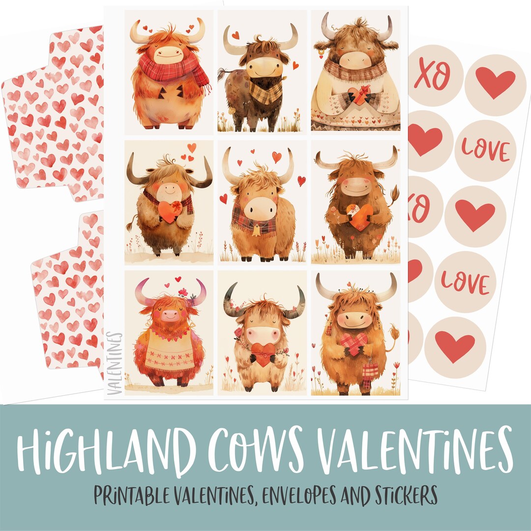 Highland Cows Printable Valentines, Envelopes and Stickers - Etsy