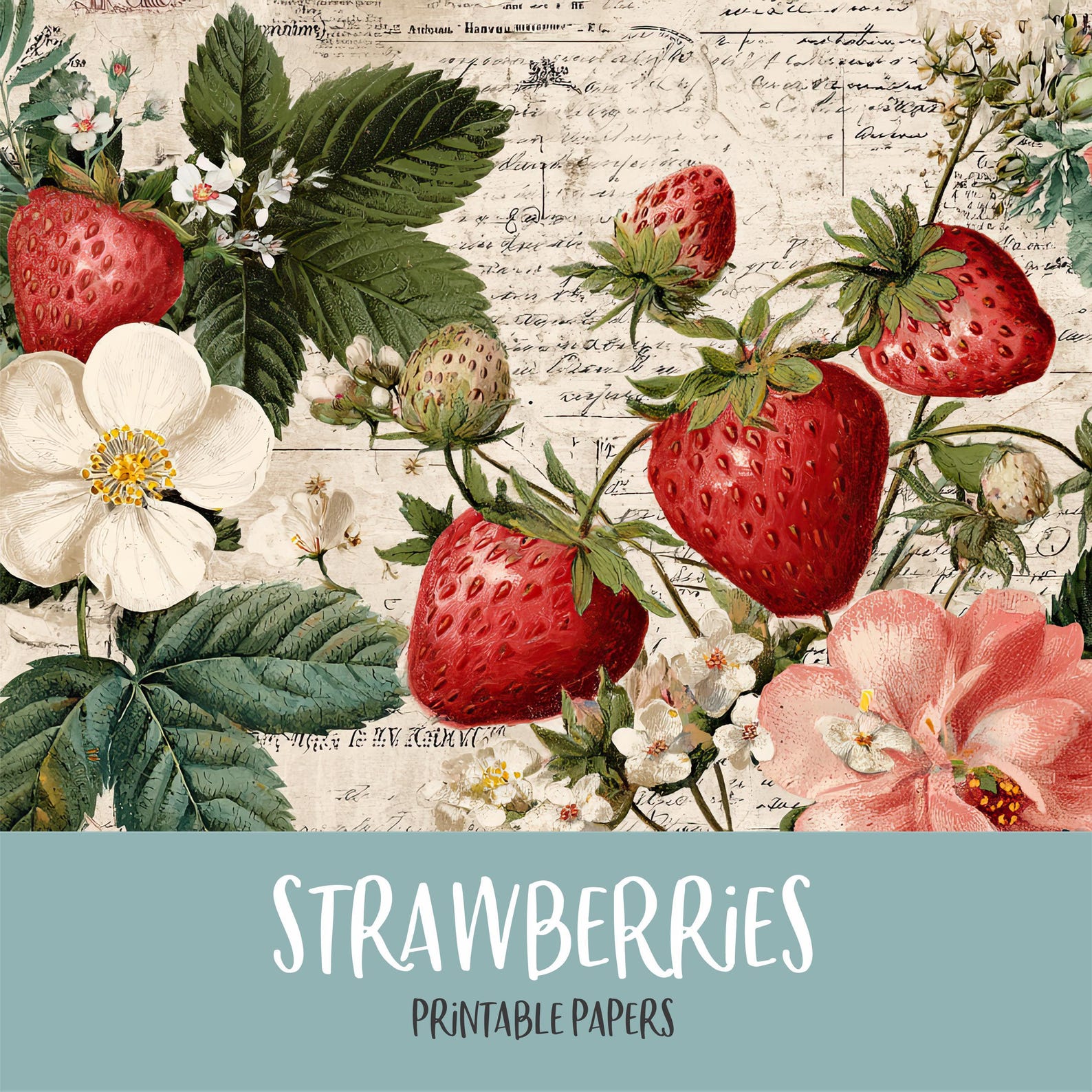 Strawberries Printable Digital Background and Journal Papers Junk ...