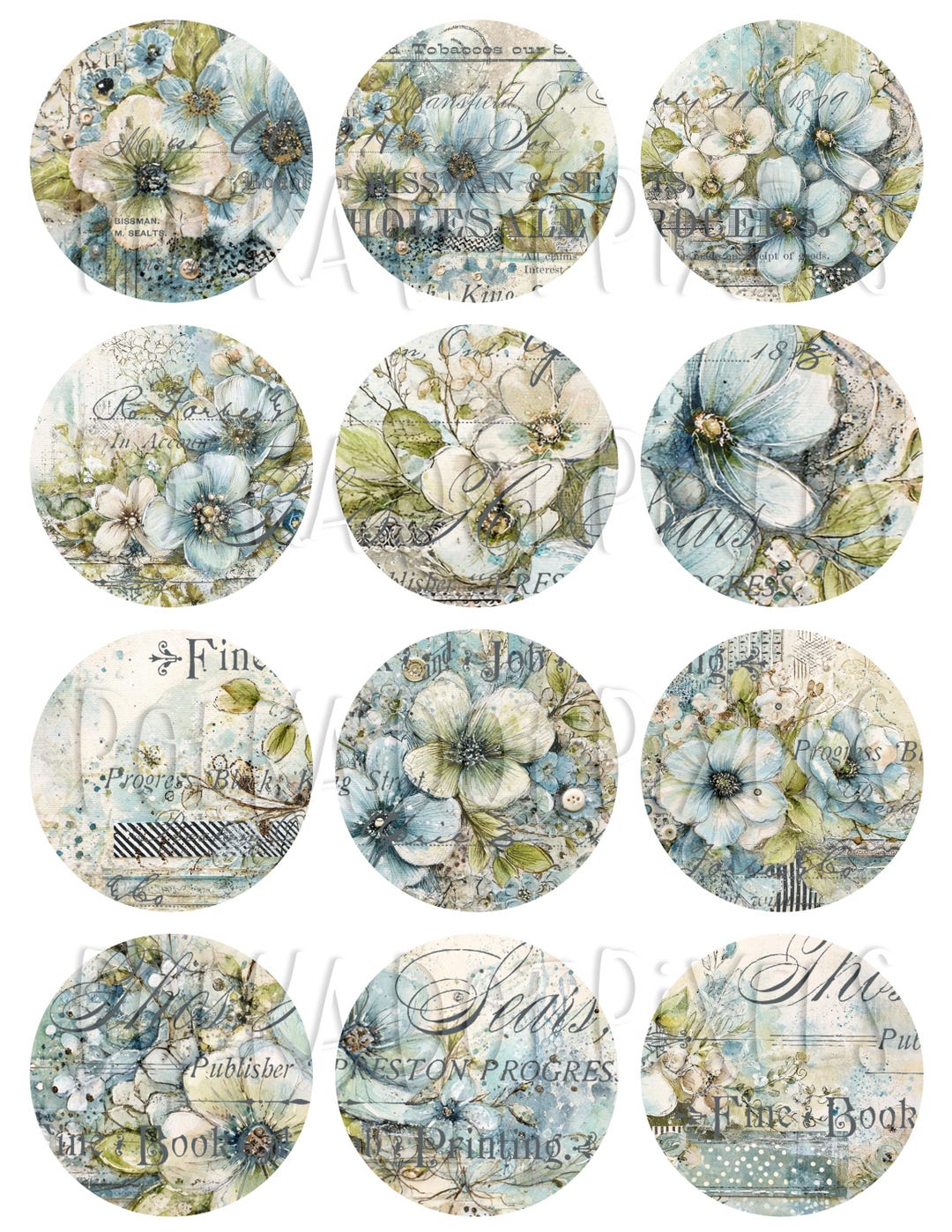 Azure Dreams Printable Round Stickers Collage Sheet for Junk Journaling ...